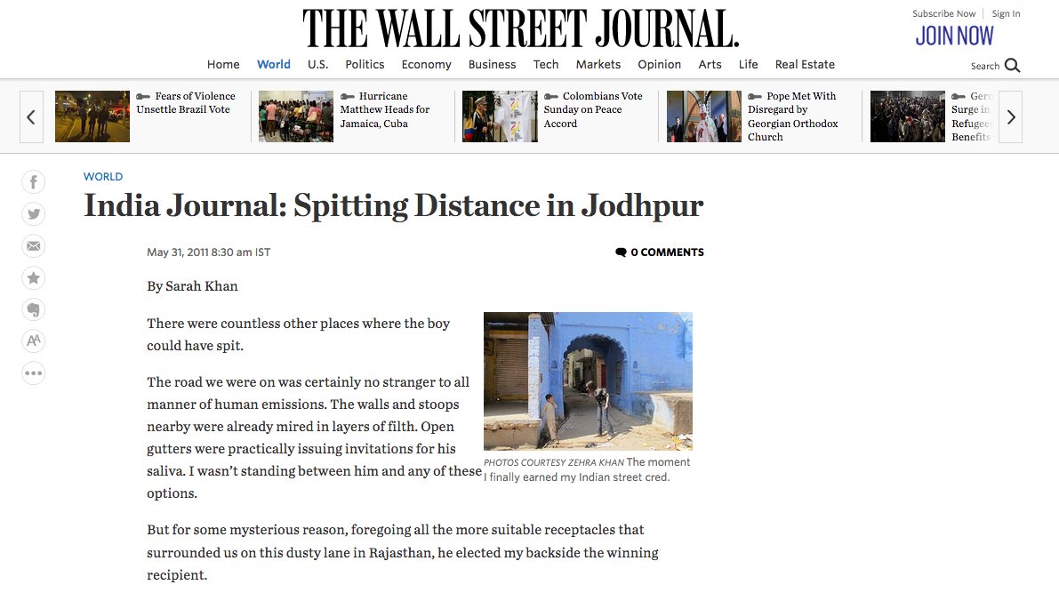 Wall Street Journal: Spitting Distance in Jodhpur – By Sarah Khan